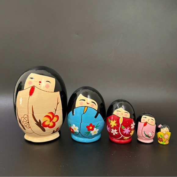 Accents | Japanese Kokeshi Wooden Nesting Dolls In Floral Kimono 5pc ...
